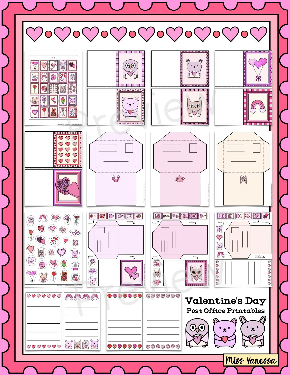 Valentine's Day Post Office - Printable Postage Stamps Cards Envelopes ...
