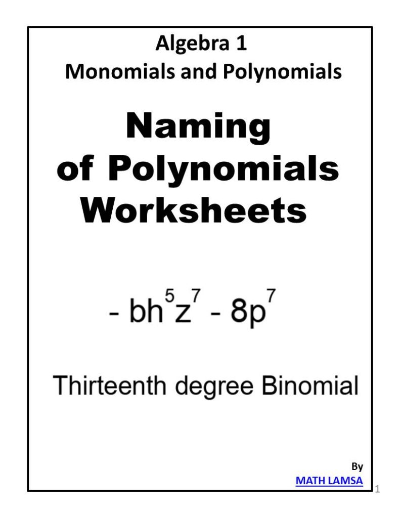 Naming of Polynomials Worksheets - Algebra 1 - Monomials and ...