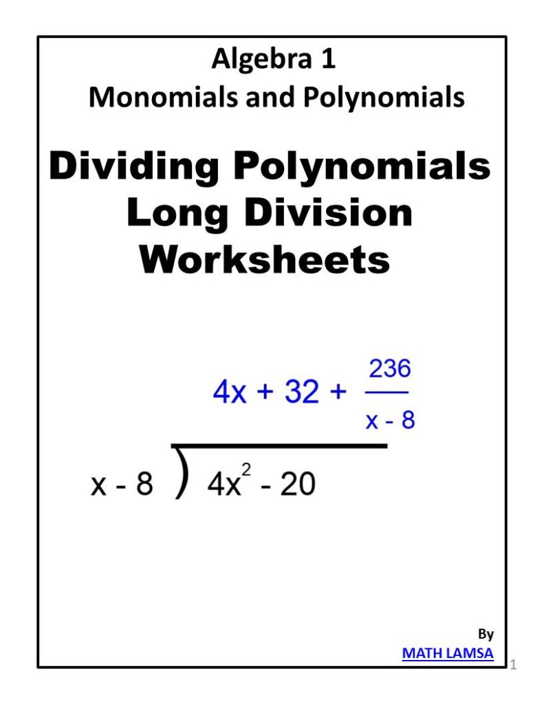 Dividing Polynomials Long Division Worksheet- Divide each polynomial ...