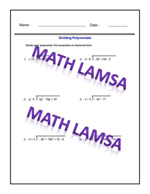 Dividing Polynomials Long Division Worksheet- Divide each polynomial ...