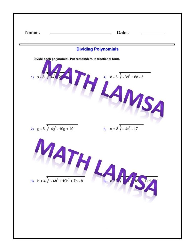 Dividing Polynomials Long Division Worksheet- Divide each polynomial ...