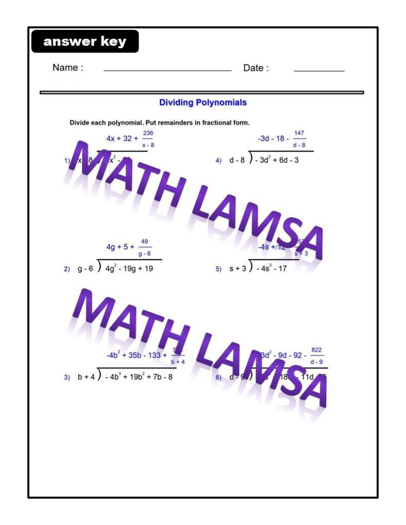 Dividing Polynomials Long Division Worksheet- Divide each polynomial ...