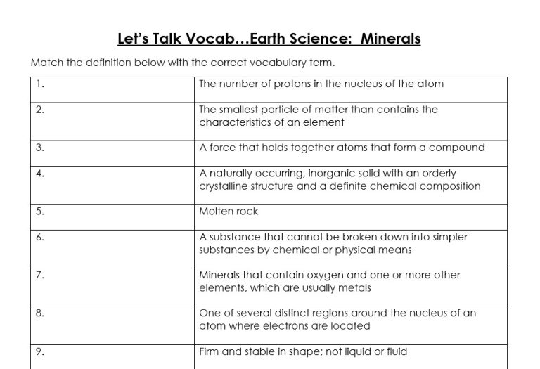 Let's Talk Vocab...Earth Science: Minerals Worksheet | Made By Teachers
