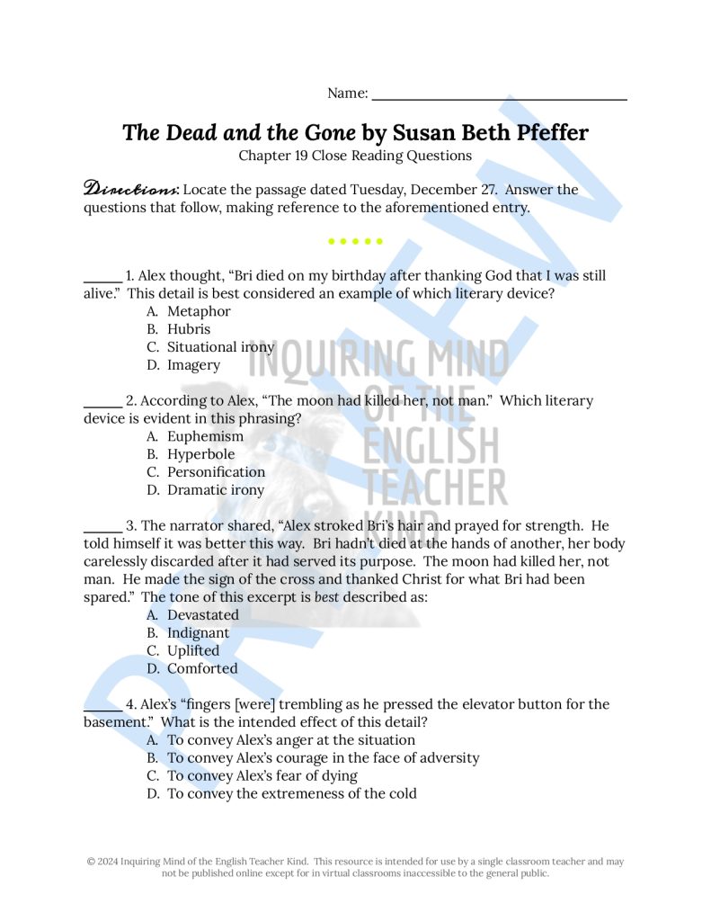 The Dead and the Gone by Susan Beth Pfeffer Close Reading Worksheets ...