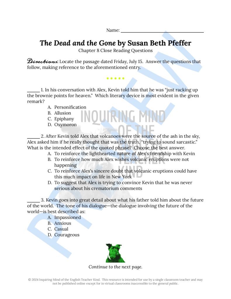 The Dead and the Gone by Susan Beth Pfeffer Close Reading Worksheets ...