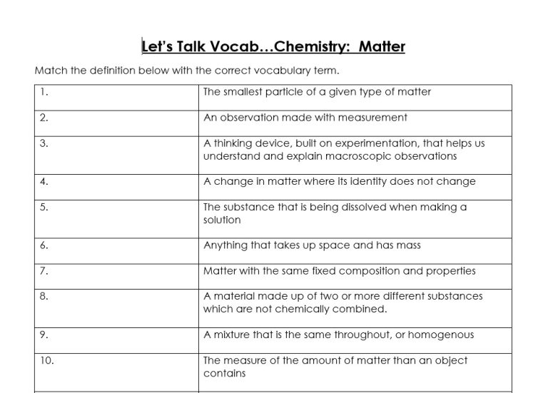 Let's Talk Vocab...Chemistry: Matter Worksheet | Made By Teachers