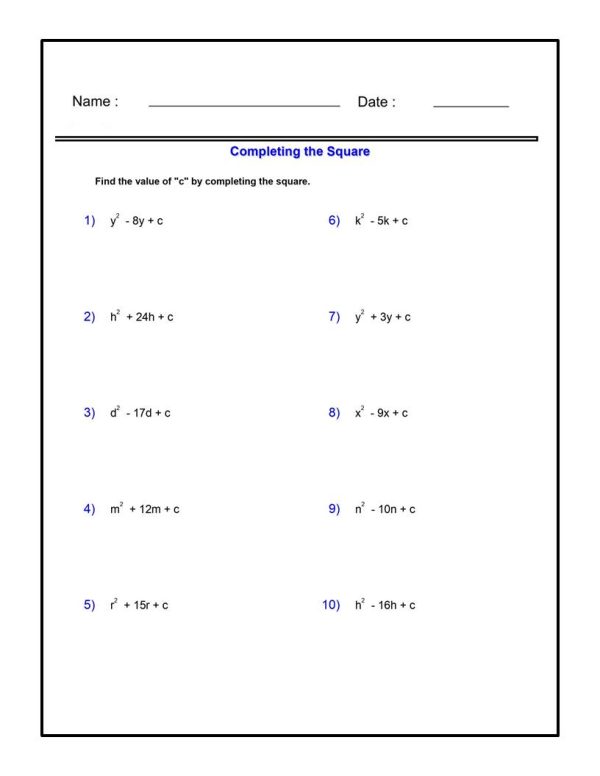 Complete the Square Worksheets - Algebra 1 - Quadratic Functions ...