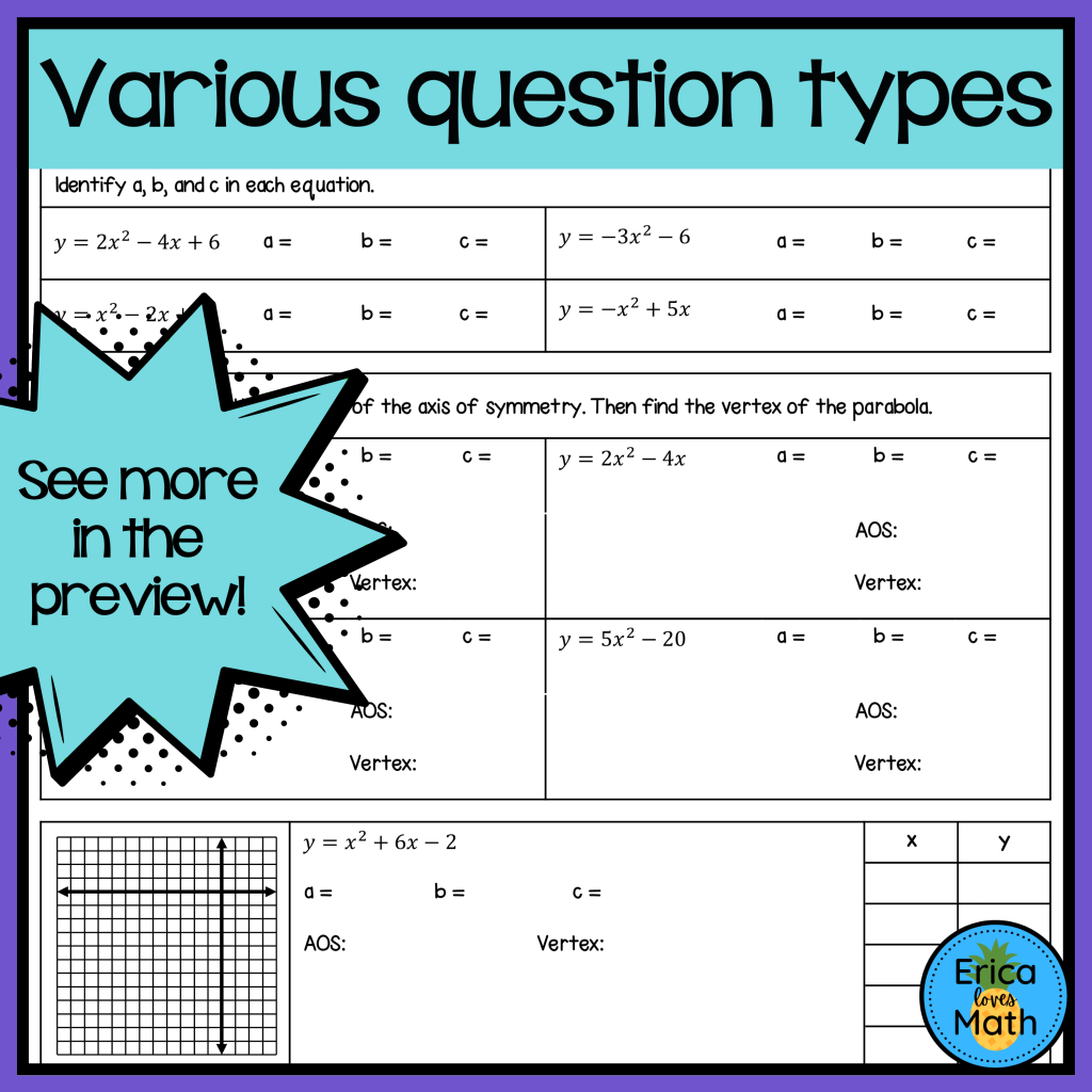 Graphing Quadratics in Vertex & Standard Form Worksheets | Made By Teachers