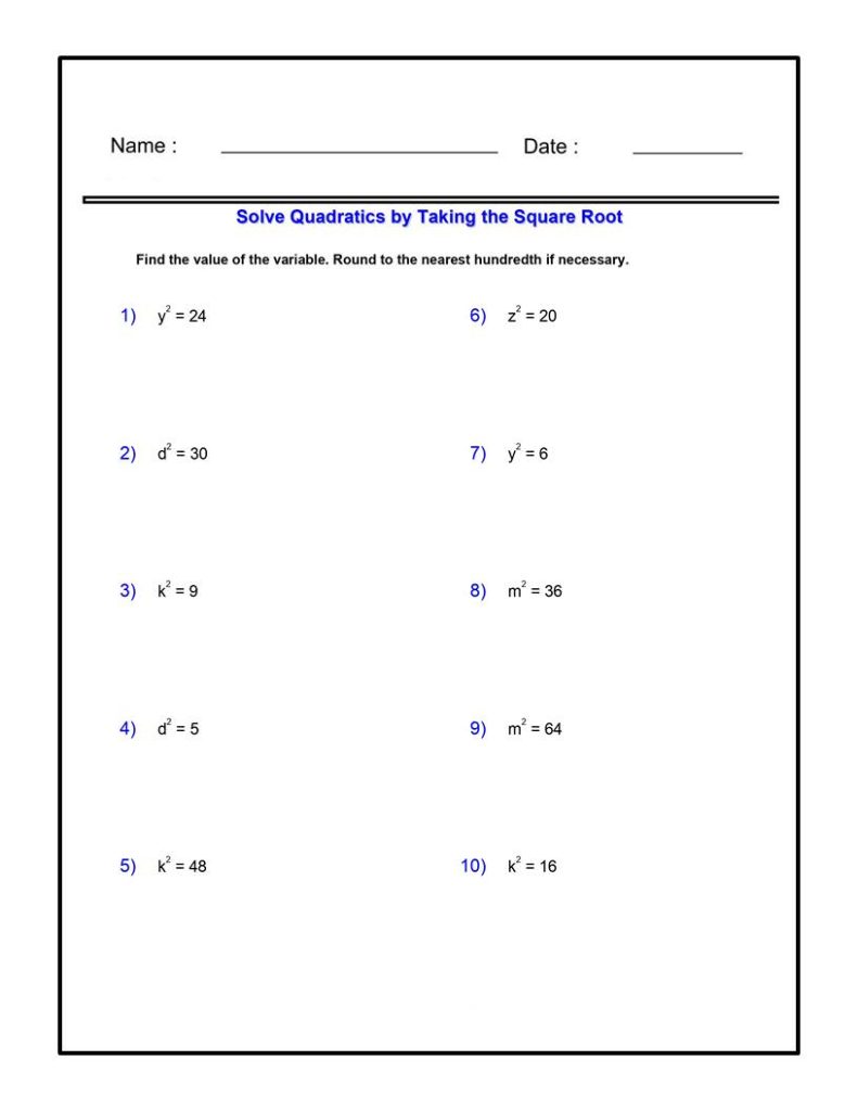 Solve by Taking the Square Root Worksheets - Algebra 1 - Quadratic ...
