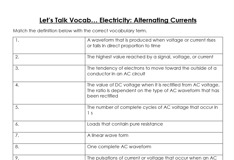 Electricity: Alternating Current Vocabulary Worksheet (Electrician ...