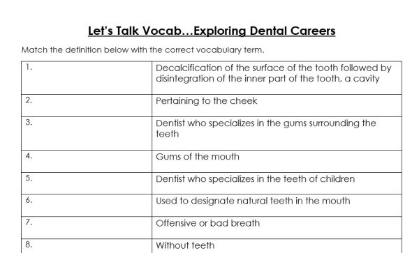 Let's Talk Vocab...Exploring Dental Careers (Health Sciences) Worksheet ...