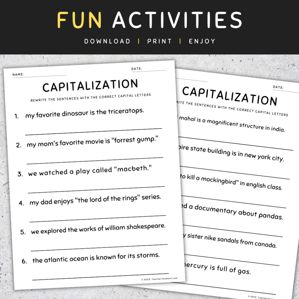Capitalization Worksheets Fix the Sentences Grammar Practice, 4th Grade ...