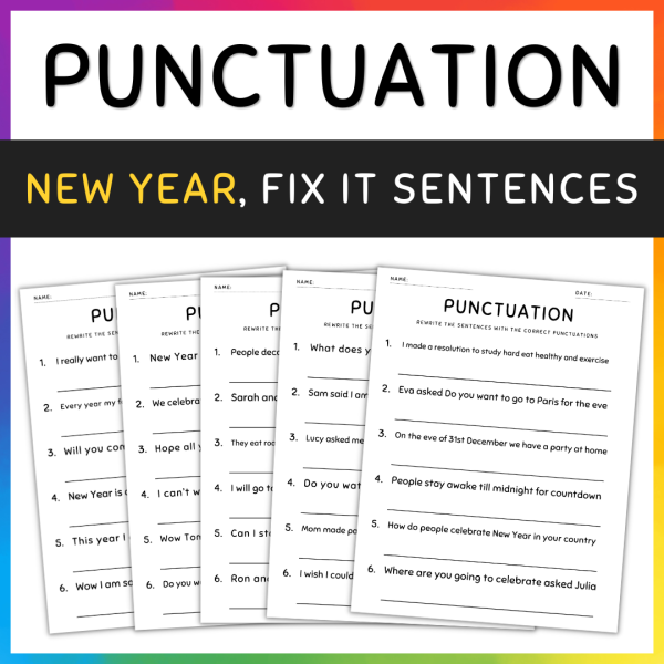 New Year Punctuation Worksheets Fix the Sentences Grammar Practice ...