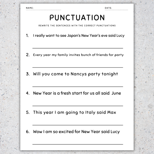 New Year Punctuation Worksheets Fix the Sentences Grammar Practice ...