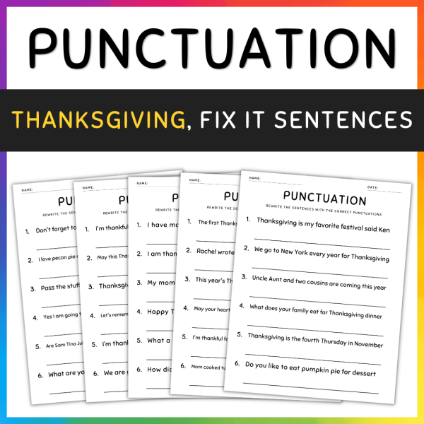Thanksgiving Punctuation Worksheets Fix the Sentences Grammar Practice ...