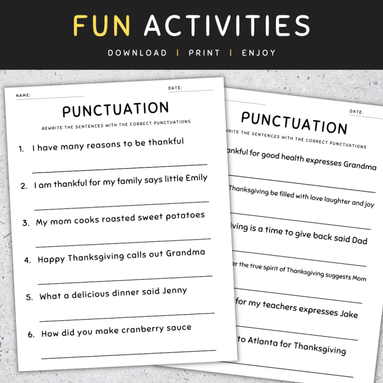 Thanksgiving Punctuation Worksheets Fix the Sentences Grammar Practice ...