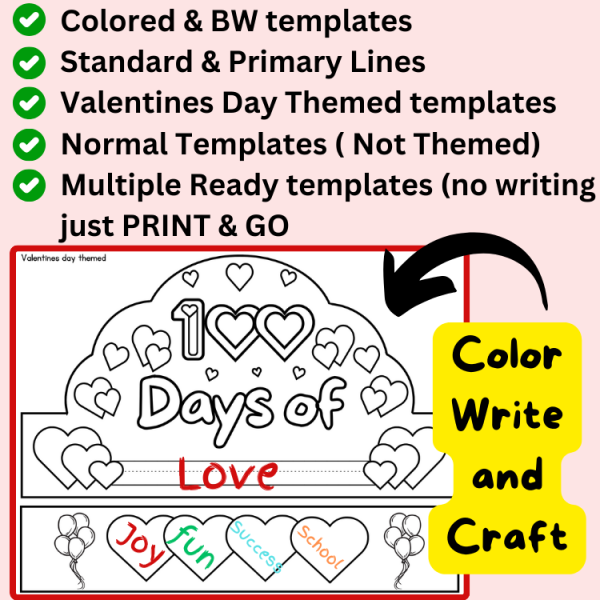 100th Day of School Crowns Valentine's Day Themed: Craft, Write & Color ...