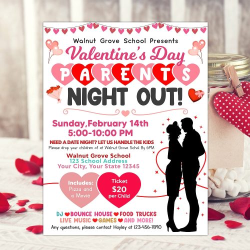 DIY Parents Night Out Valentine's Day Flyer Template, PTO PTA School ...