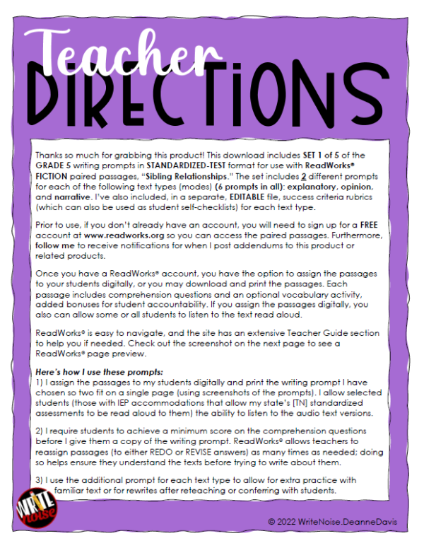 Gr. 5 ReadWorks FICTION Passages and 6 Text-Based WRITING PROMPTS State ...