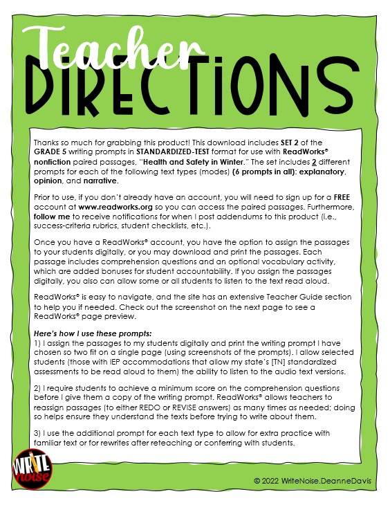 Gr. 5 ReadWorks NONFICTION Passages and 6 Text-Based WRITING PROMPTS ...