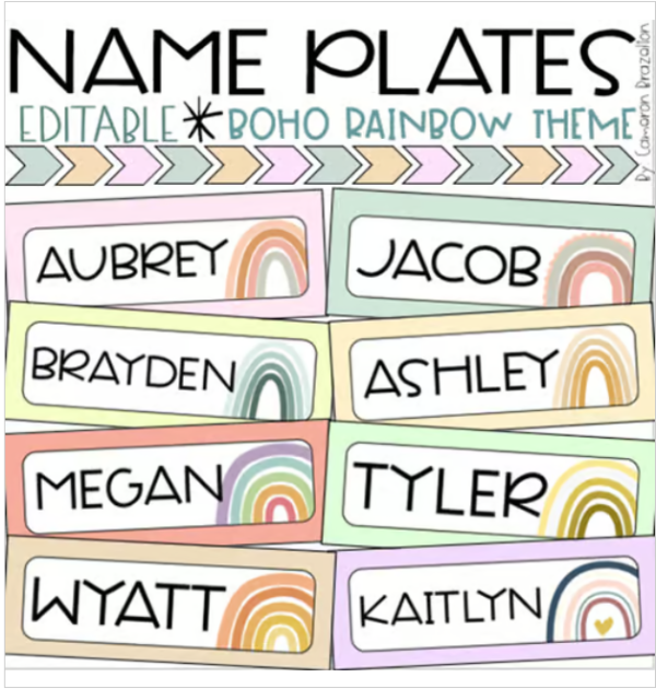 Name Tags Plates Desk Labels Boho Modern Muted Rainbow Theme EDITABLE ...