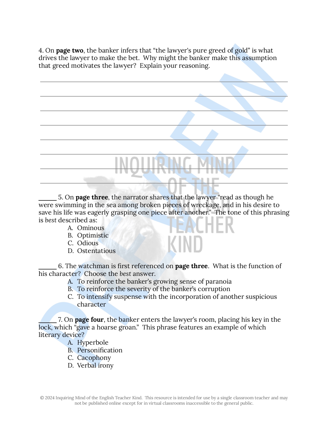 "The Bet" by Anton Chekhov Quiz, Close Reading, and Vocabulary Games ...