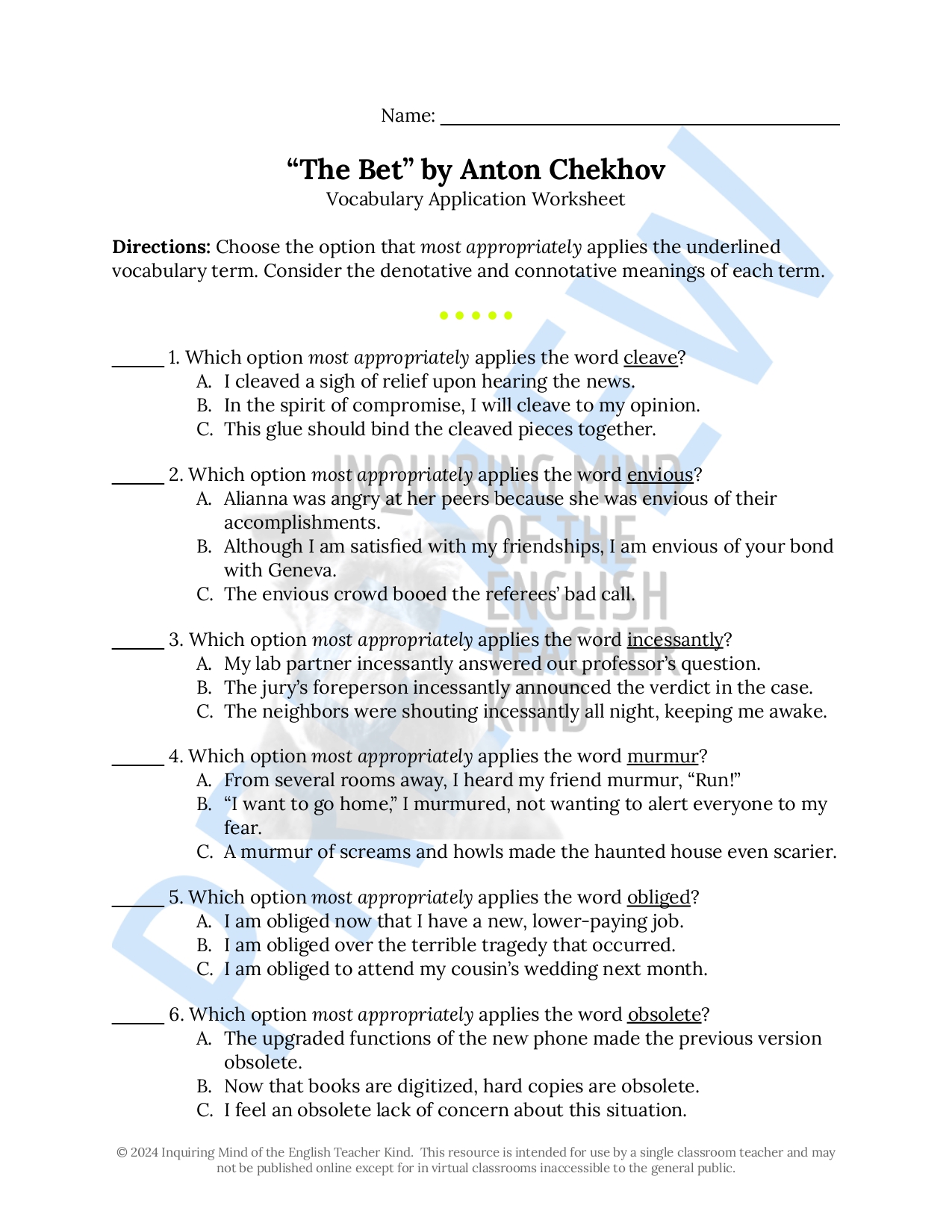 "The Bet" by Anton Chekhov Quiz, Close Reading, and Vocabulary Games ...