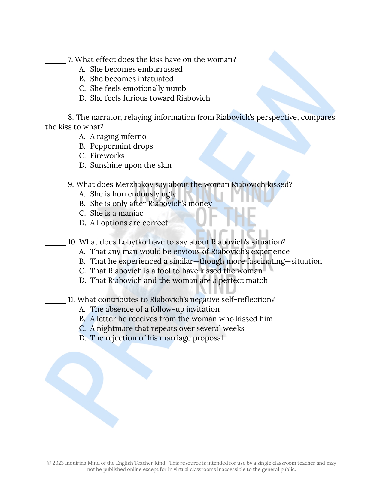"The Kiss" by Anton Chekhov Quiz, Close Reading, and Vocabulary Games ...