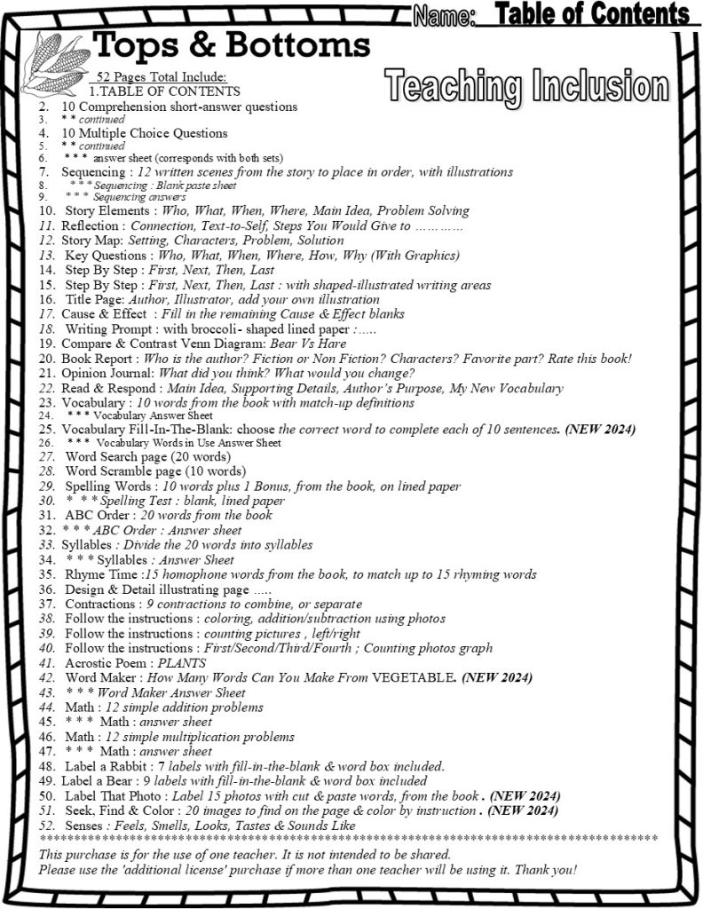Tops & Bottoms Read Aloud Book Study Companion Reading Comprehension ...