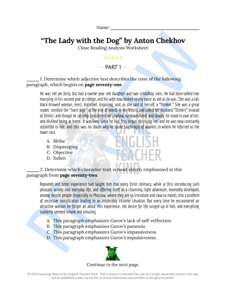 "The Lady with the Dog" Quiz, Close Reading, and Vocabulary Games ...
