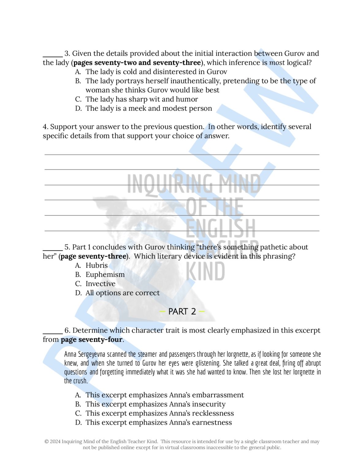 "The Lady with the Dog" Quiz, Close Reading, and Vocabulary Games ...
