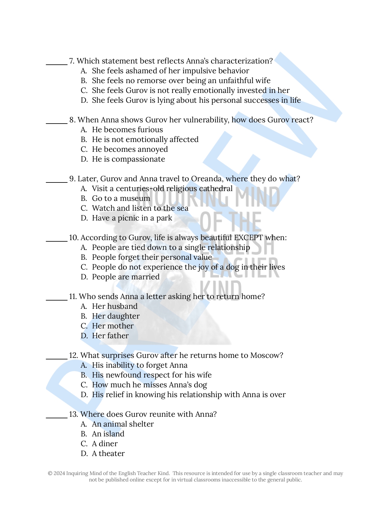 "The Lady with the Dog" Quiz, Close Reading, and Vocabulary Games ...
