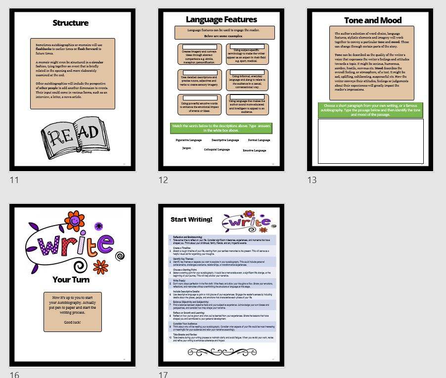 Autobiography Memoir Introduction Workbook for students - Digital and ...