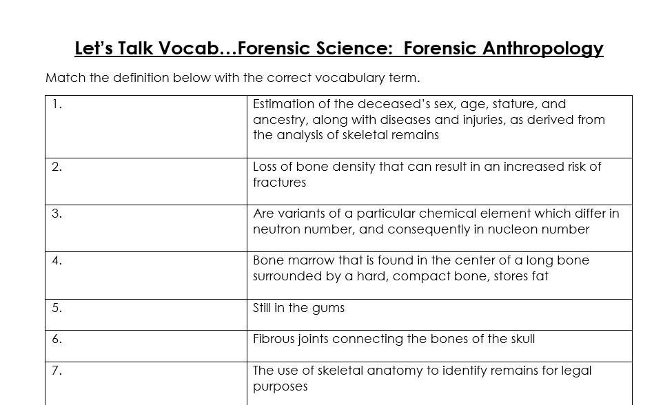 Let's Talk Vocab...Forensic Science: Forensic Anthropology Worksheet ...
