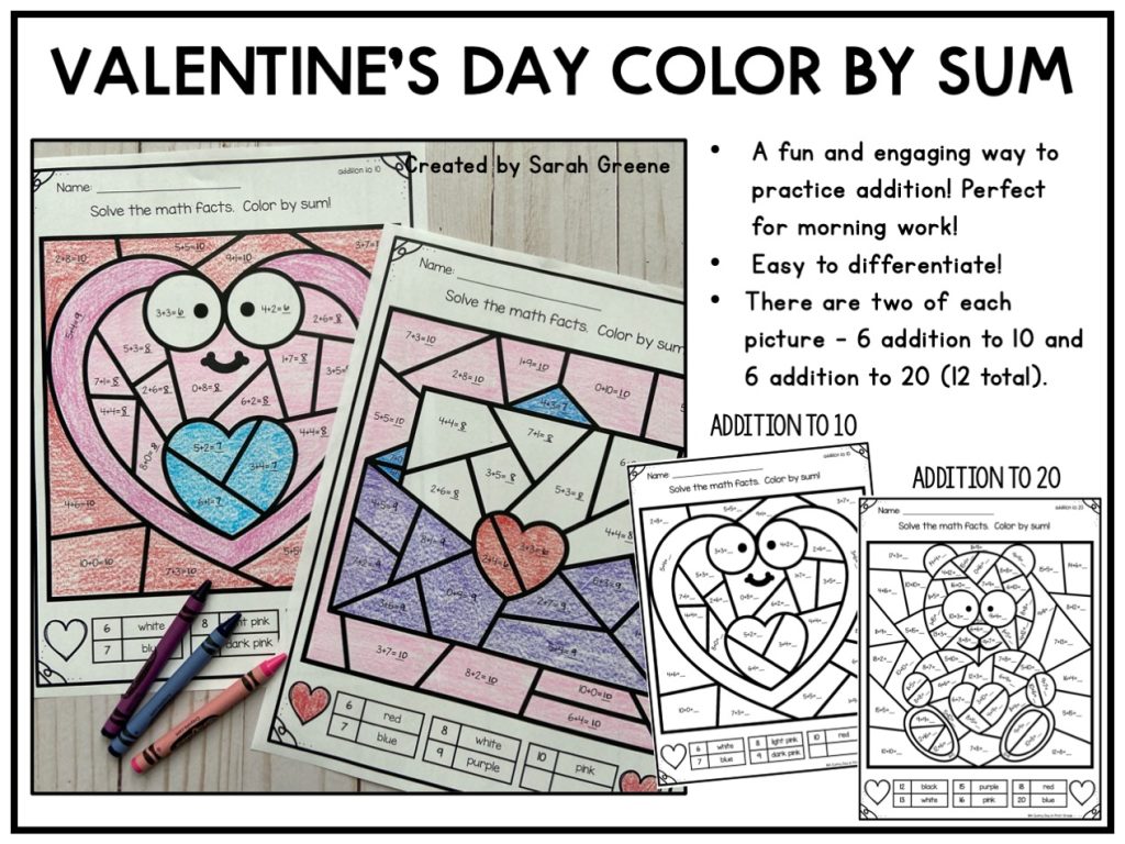 Valentine's Day Color by Number for Addition to 10 and 20 - Made By ...