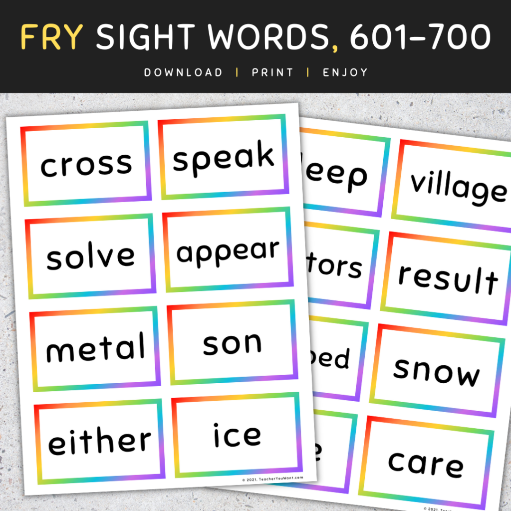 Fry Sight Word Flash Cards, 7th 100, Rainbow Sight Words Flashcards ...