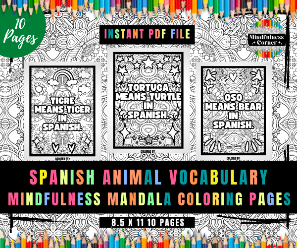 Spanish Animal Vocabulary Coloring Pages, Printable Sheets, No Prep ...