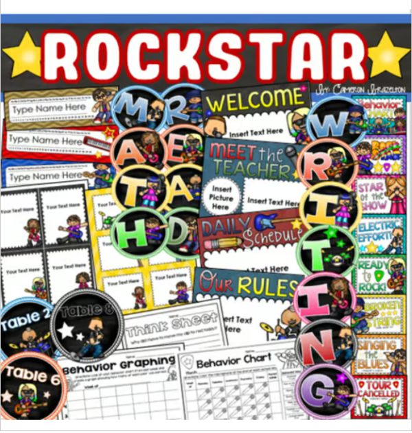 Rockstar Theme Class Decor Bundle (Behavior Chart, Name Plates, Labels ...