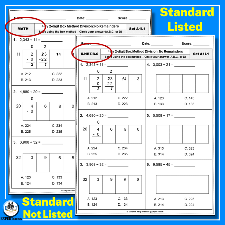 4 Digit by 2 Digit Box Method Division Worksheets: 5th Grade Division ...
