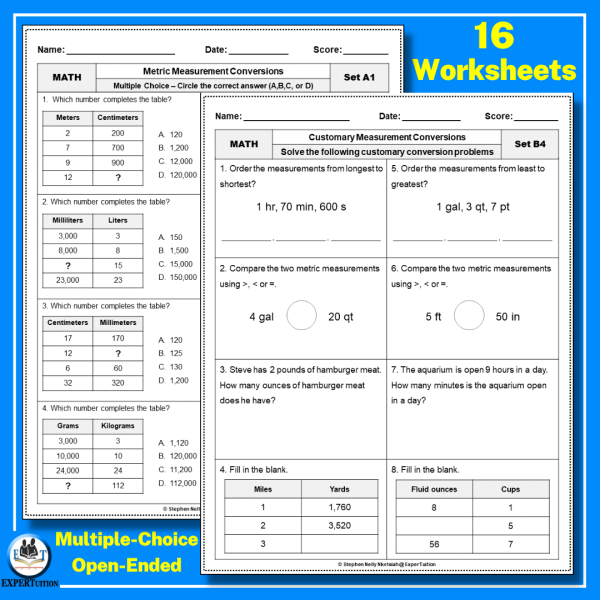 Customary and Metric Systems Measurement Conversion Worksheets and Task ...