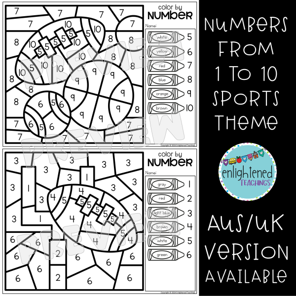 Sports Numbers to 10 Color by Code Sports Number Recognition Sports ...