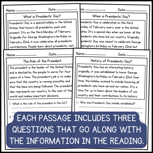 Presidents' Day Reading Comprehension Passages and Questions ...