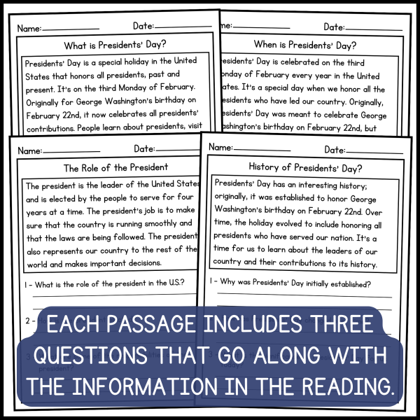 Presidents' Day Reading Comprehension Passages and Questions ...