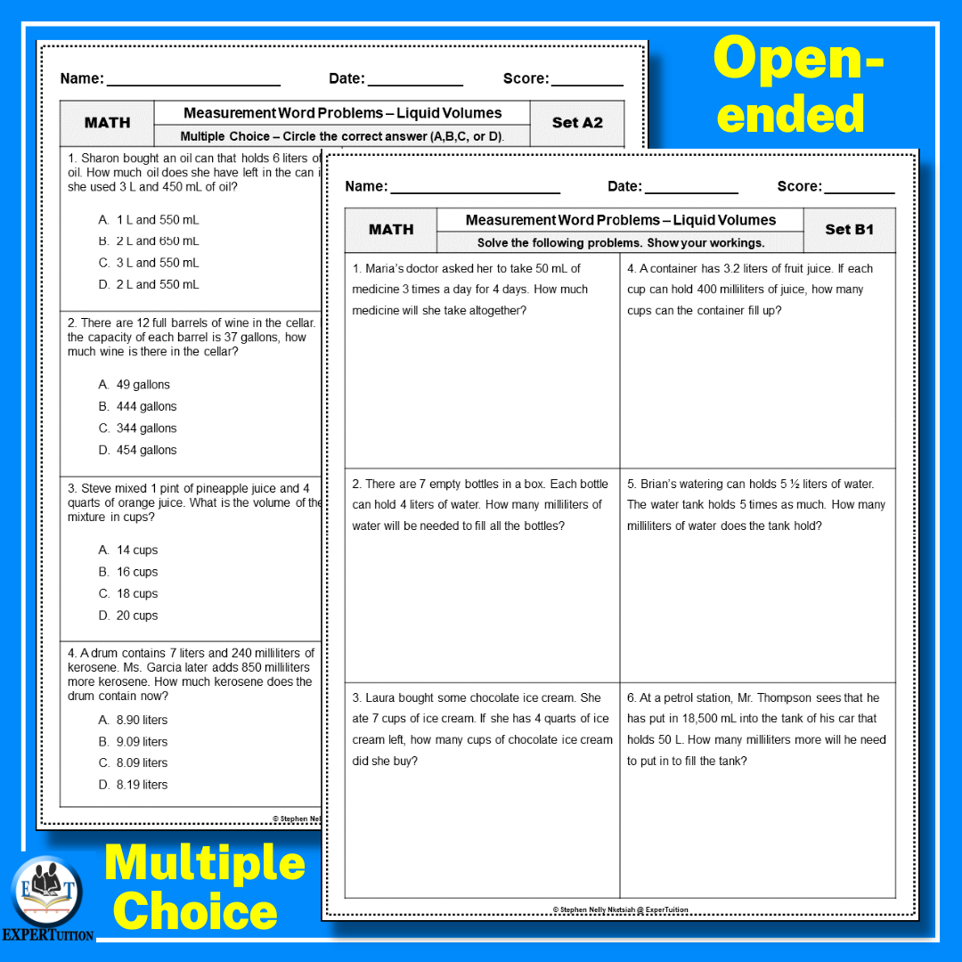 Measurement Conversion Word Problems Worksheets - Capacity/Liquid ...