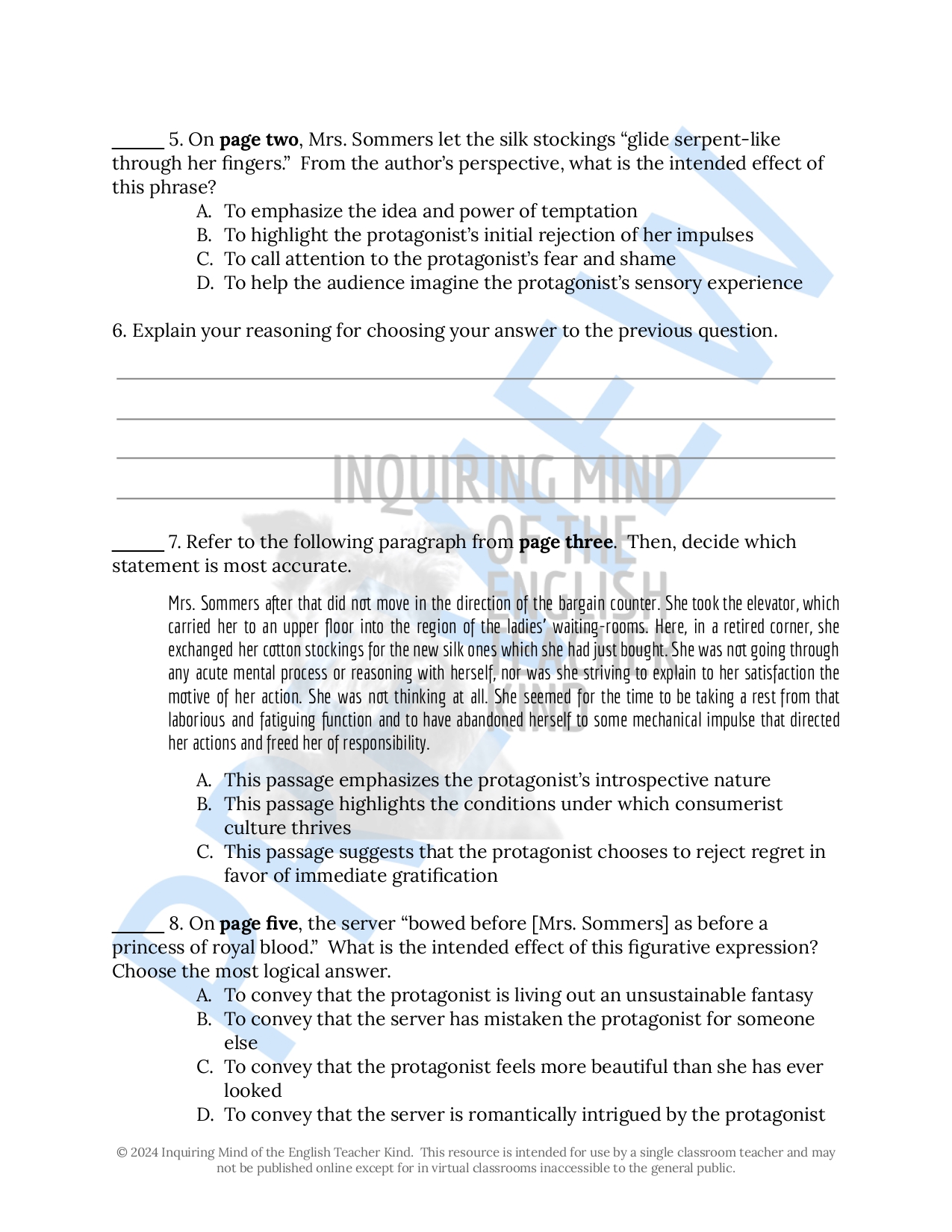 "A Pair of Silk Stockings" by Kate Chopin Quiz, Close Reading, and ...