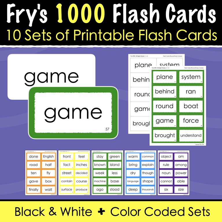 All 1000 Fry's Sight Words - Digital + Printable Flash Cards ...