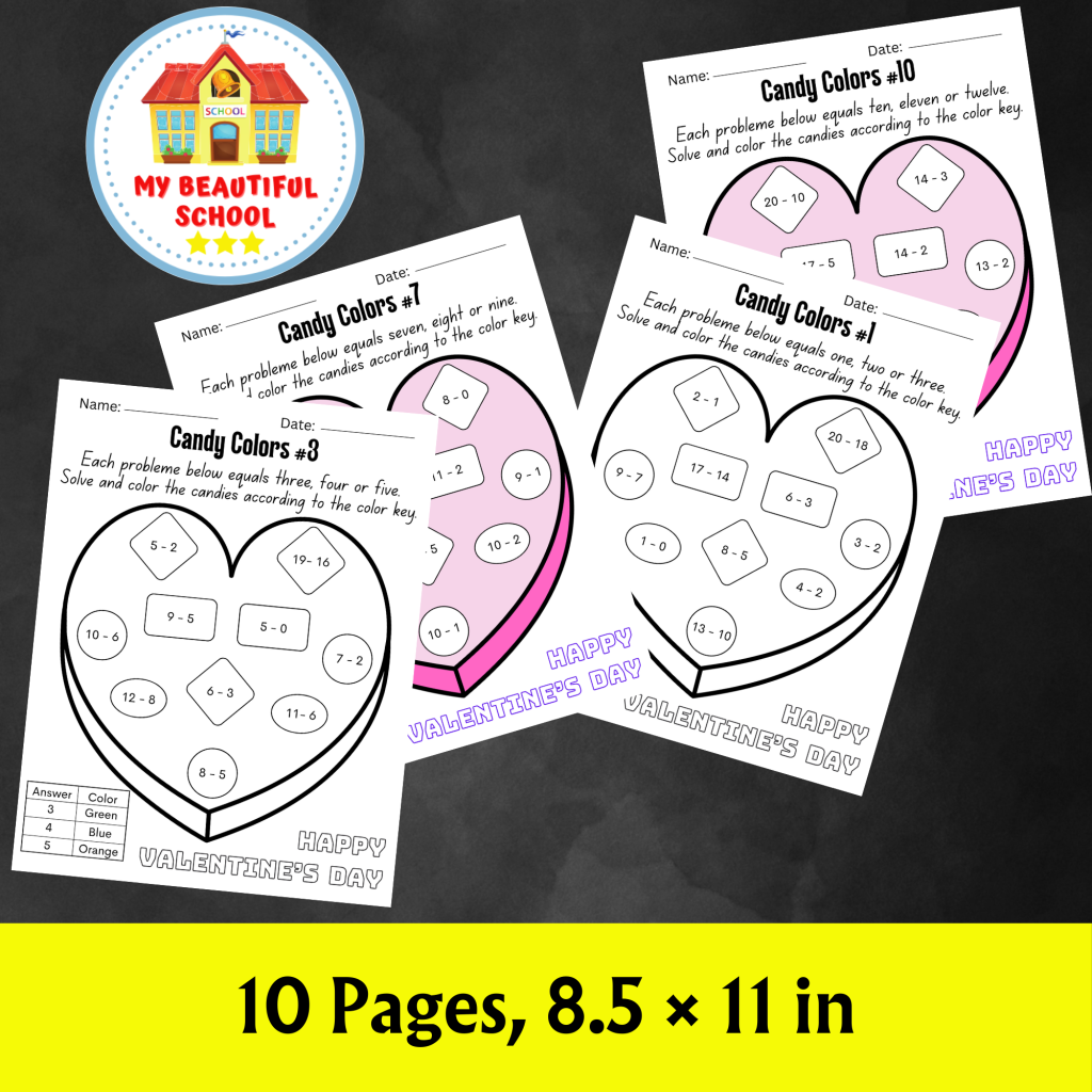 Valentine's Day Math Facts Activities | Subtraction | Candy Colors ...