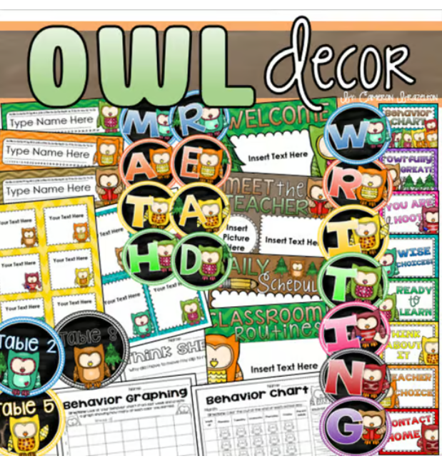Owl Theme Class Decor Bundle (Behavior Chart, Name Plates, Labels ...