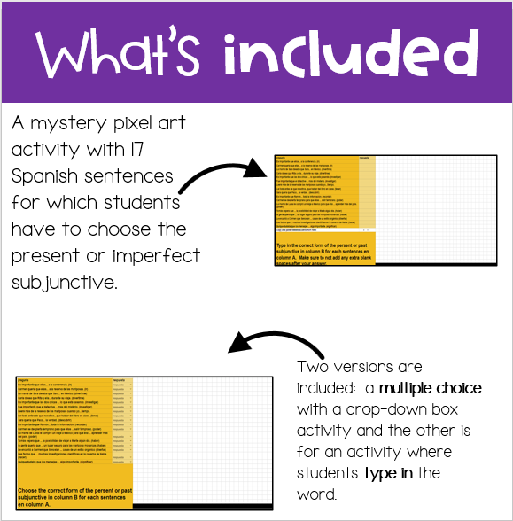 Spanish Present + Imperfect Past Subjunctive Mystery Picture Pixel Art ...