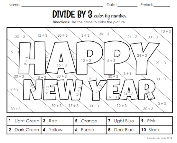 New Year Color By Number Activity Division (Divide by 3 Facts) - Made ...